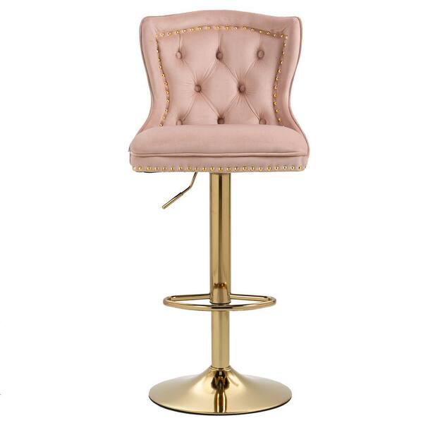 HOMEFUN 46 in. Pink Velvet Metal Frame Adjustable Cushioned Bar Stools ...