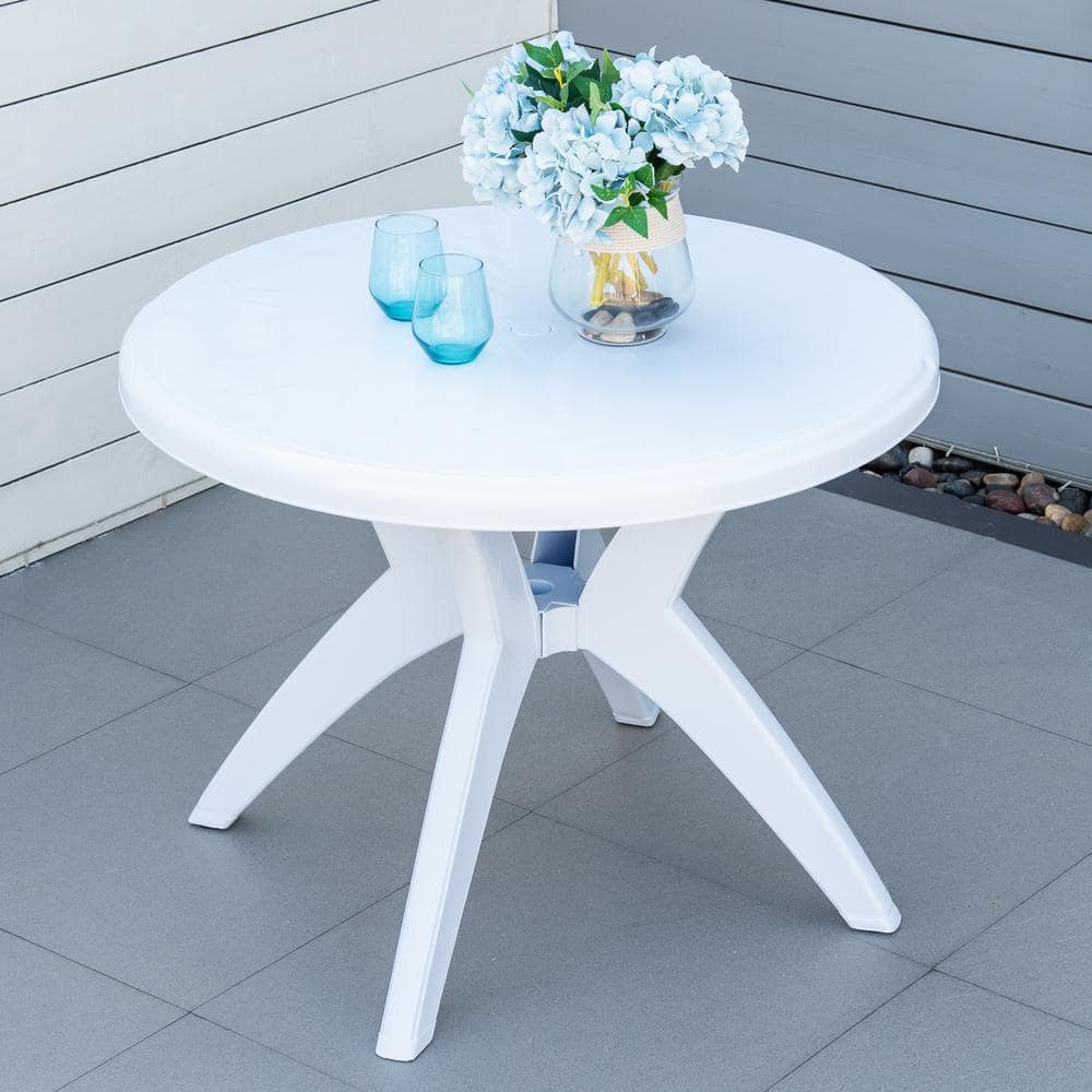 ToolCat 36 in. White Round Plastic Patio Outdoor Dining Table with ...