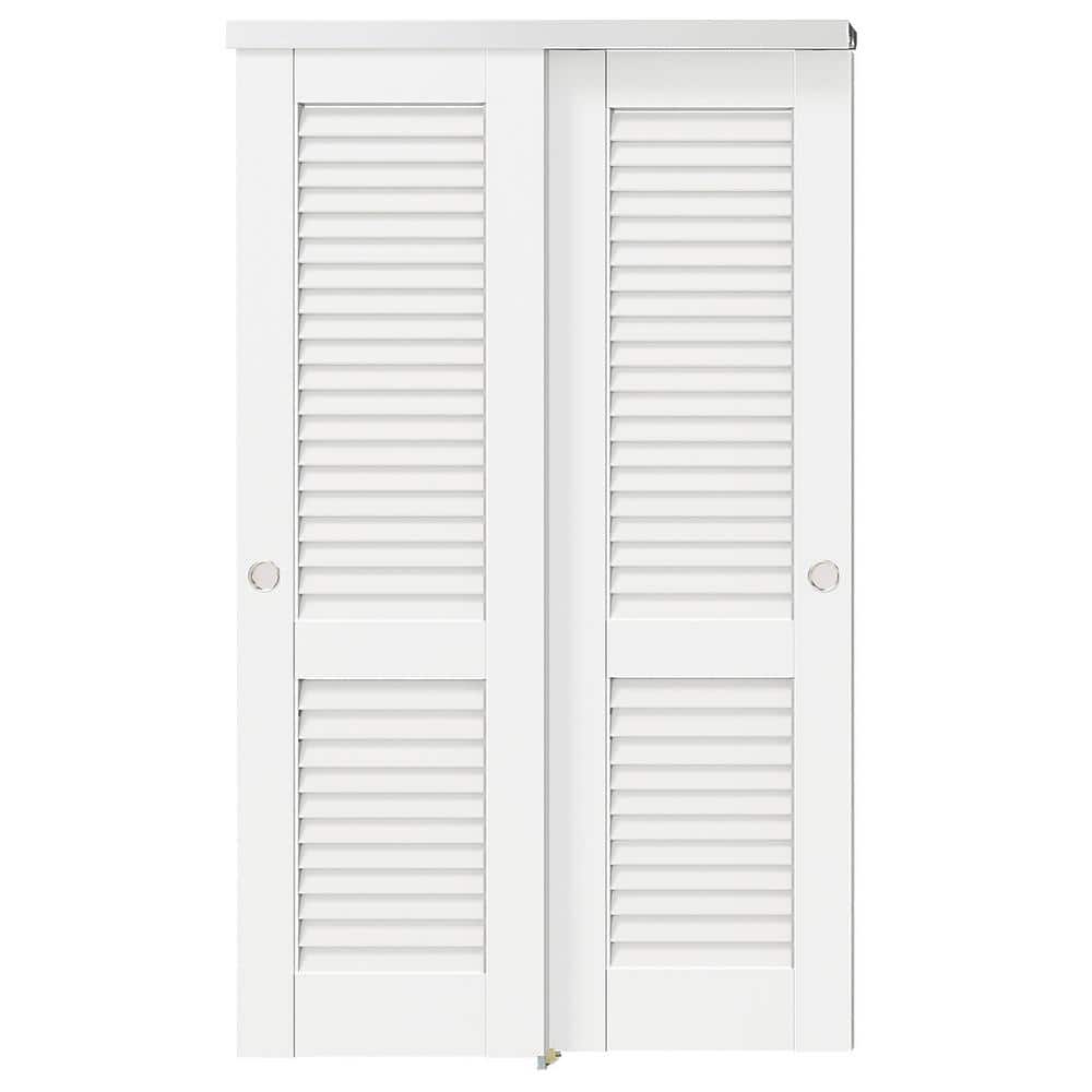 TENONER 48 in. x 80 in. (Double 24 in.) Louvered MDF Wood, White Primed ...