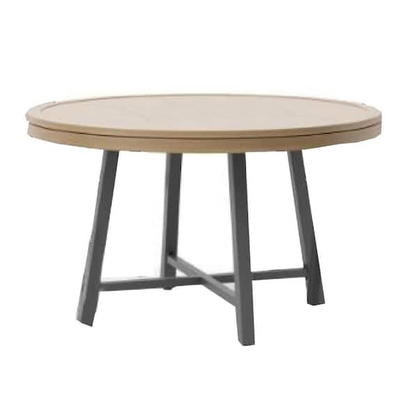 Benjara Nily Round Aluminum/Teak Outdoor Poker Dining Game Table with ...