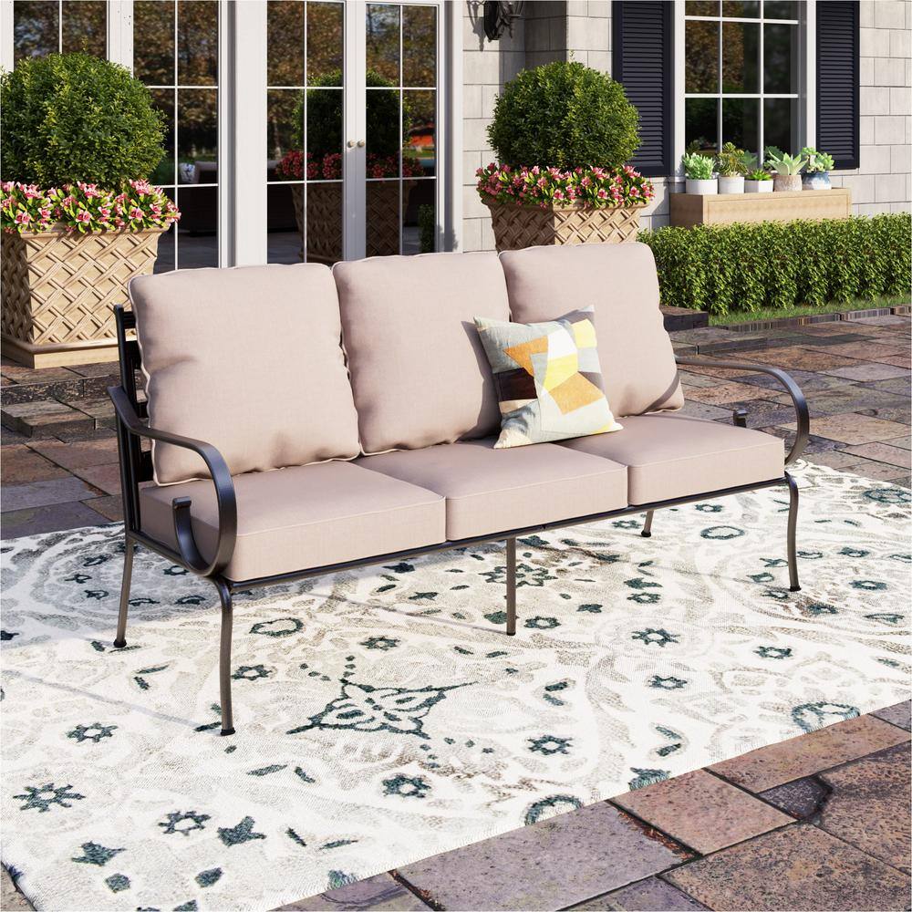 PHI VILLA Black Metal Frame Outdoor Patio 3 Seat Sofa Couch With Beige ...