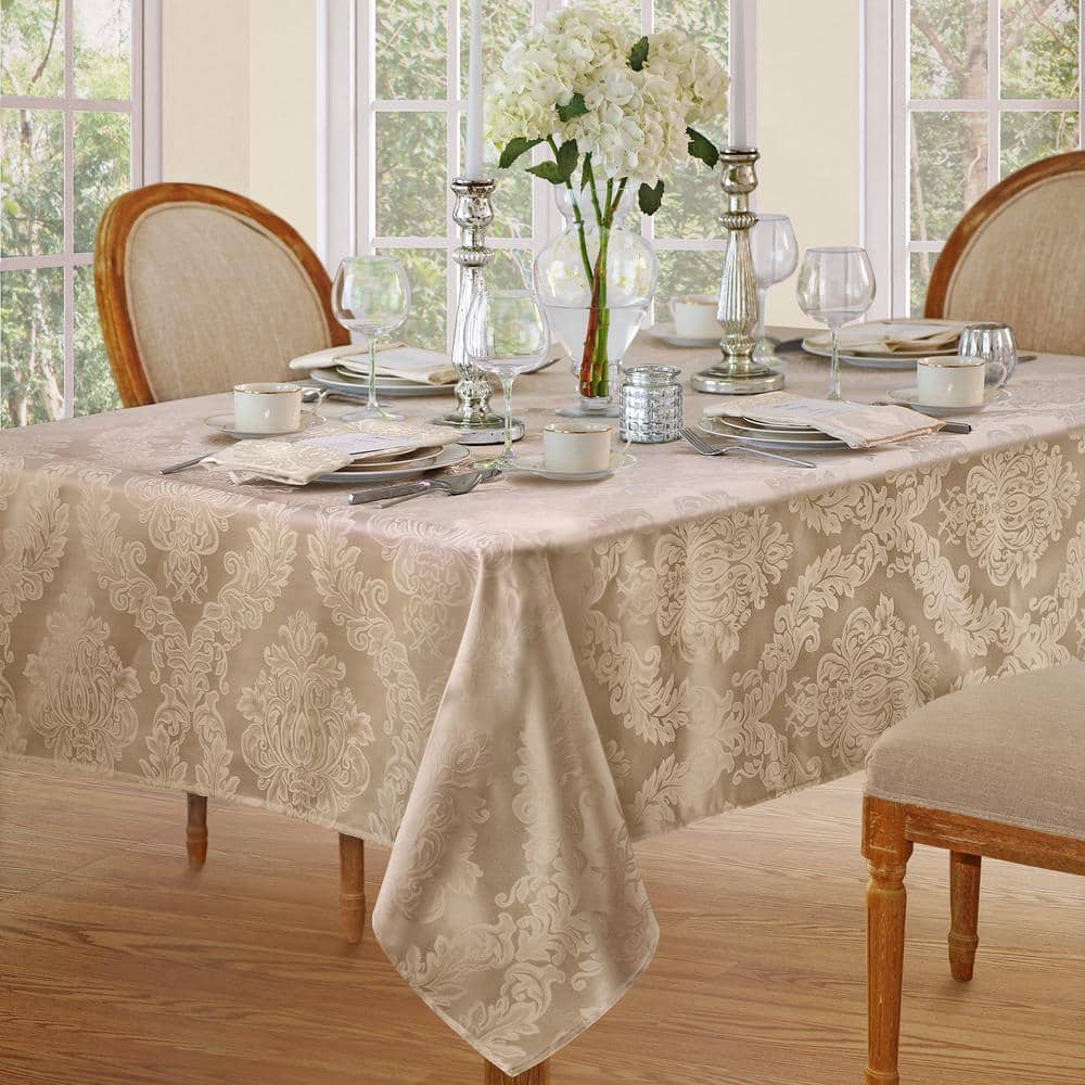 Elrene 52 in. W X 52 in. L Beige Barcelona Damask Fabric Tablecloth ...