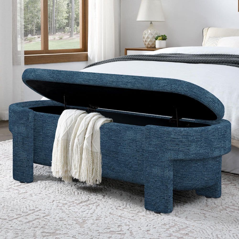 Seafuloy 51.5 in. Dark Blue Linen Upholstered Storage Bedroom Bench ...