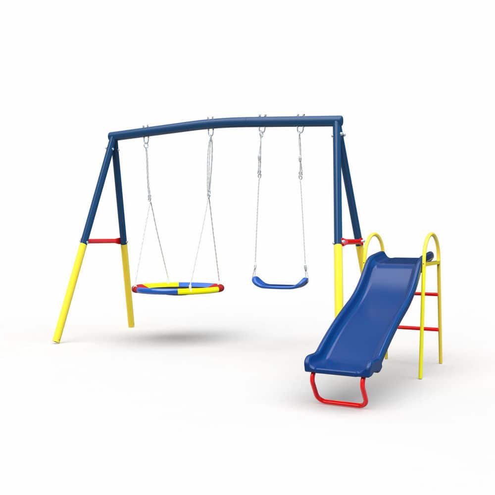 GOGEXX Outdoor Blue and Yellow Swing Set with Kids Slide and Swing ME ...