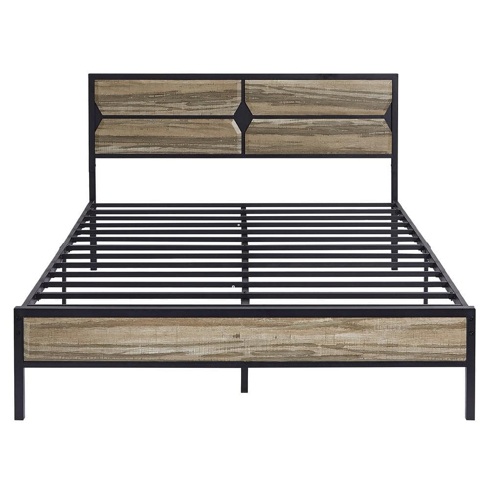 VECELO Bed Frame Gray Metal Frame Full Size Platform Bed with Wooden ...