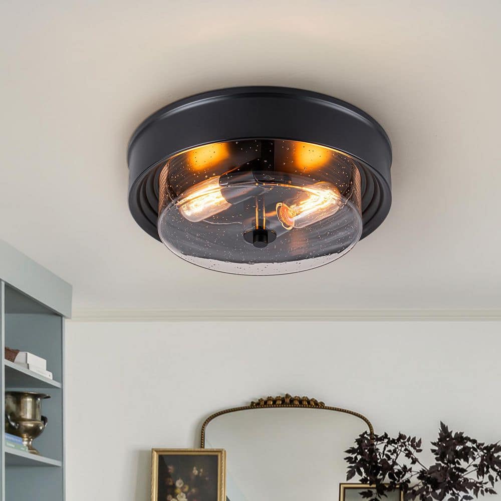 EDISLIVE 13 in. 2-Light Drum Matte Black Flush Mount with Seeded Glass ...