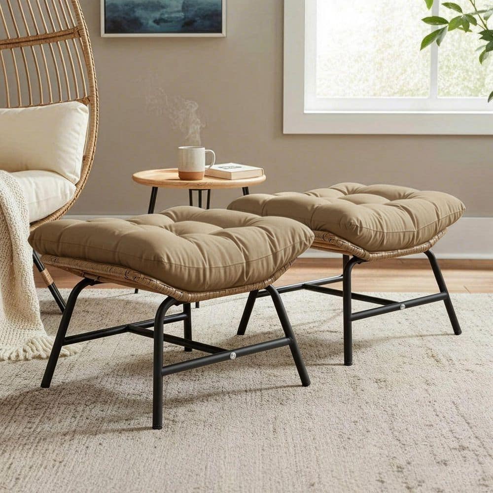 FINCATI Wicker Outdoor Ottomans with Brown Cushions, Armless Metal ...