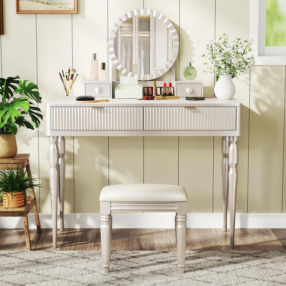 2-Piece Champagne Makeup Vanity Set,Vanity Desk,Dressing Table Set with ...