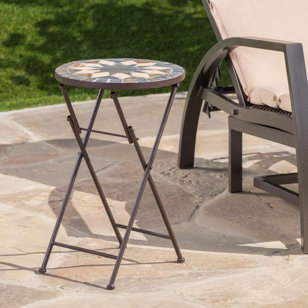 Harper & Bright Designs Black and Beige Round Ceramic Tile 22 in. H Outdoor Side Table with ...