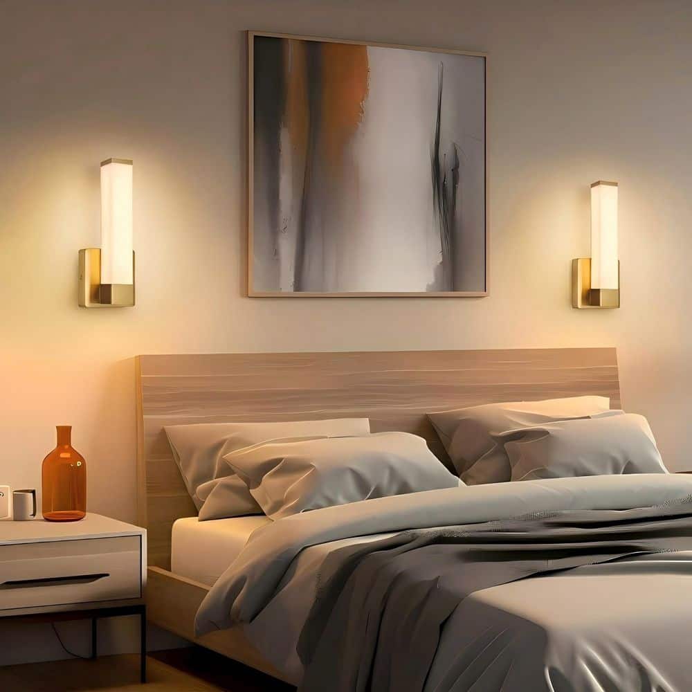RUGIAR 12 in. Brass Modern Wall Sconce (2-Pack) with LED 3000K Dimmable ...