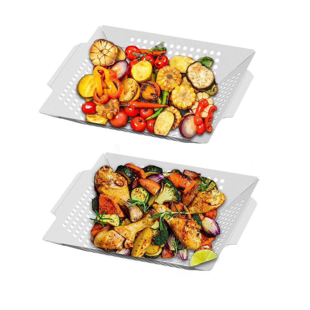 Primehome 2-Pack Heavy Duty 304-Stainless Steel Flexible Grill Baskets Nonstick BBQ Meat Veggies ...