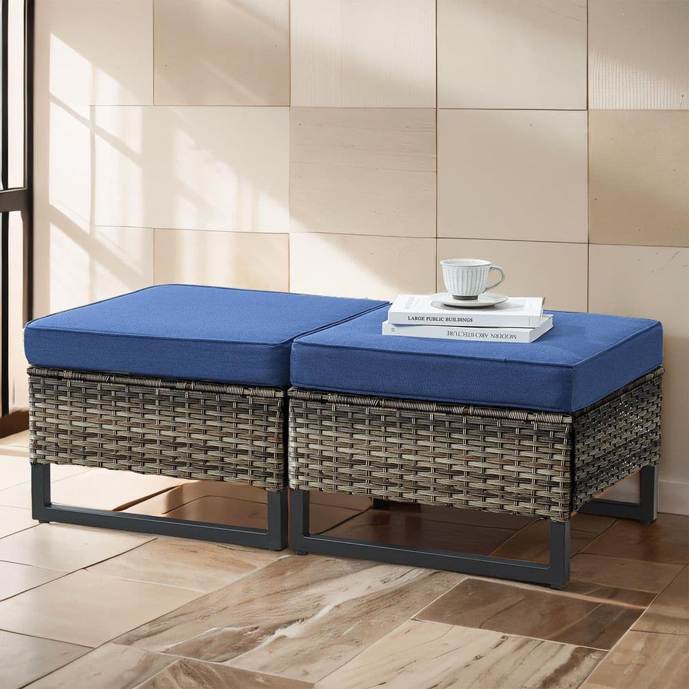 Opohoro Gray Wicker Outdoor Ottoman with Metal Legs, Rattan Ottoman ...
