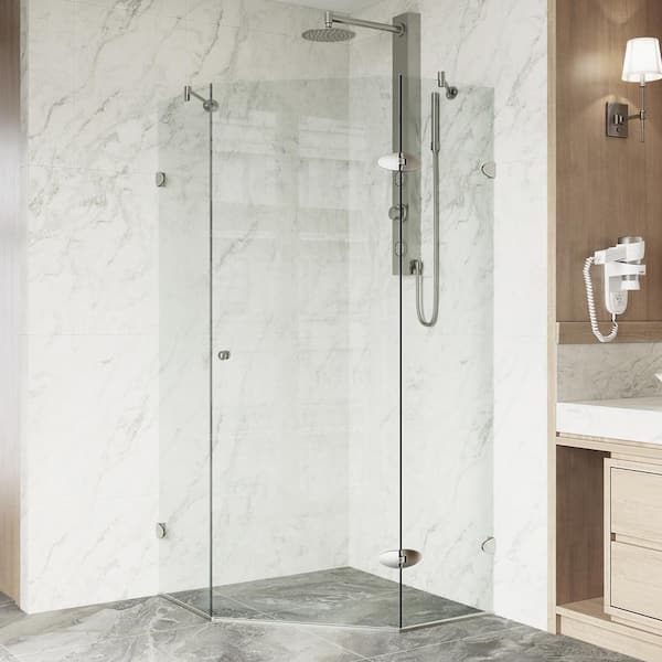 VIGO Verona 34 in. L x 34 in. W x 73 in. H Frameless Pivot Neo-angle Shower Enclosure in Brushed ...