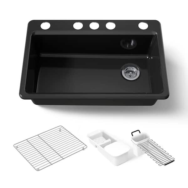 KOHLER Riverby Undermount Cast-Iron 33 in. 5-Hole Single Bowl Kitchen Sink Kit with Accessories ...