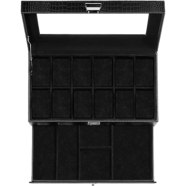 Black 12-Slot Faux Leather 2-Layer Watch Box with Glass Lid and Drawer ...