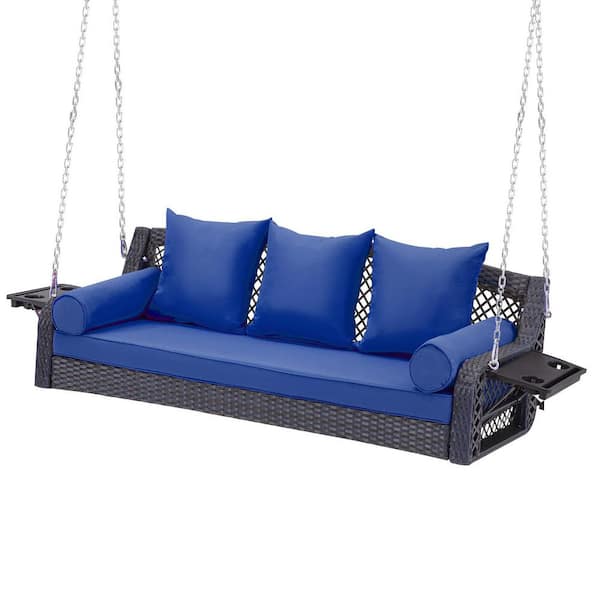 3-Seat Brown Double Ribs Wicker Outdoor Porch Swing Patio Swing Chairs ...