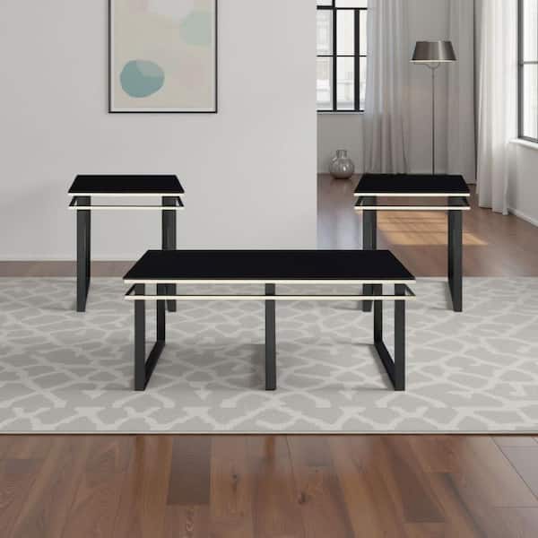 Benjara Zamie 47.0 in. Black and Gold Rectangle Glass Coffee Table with ...