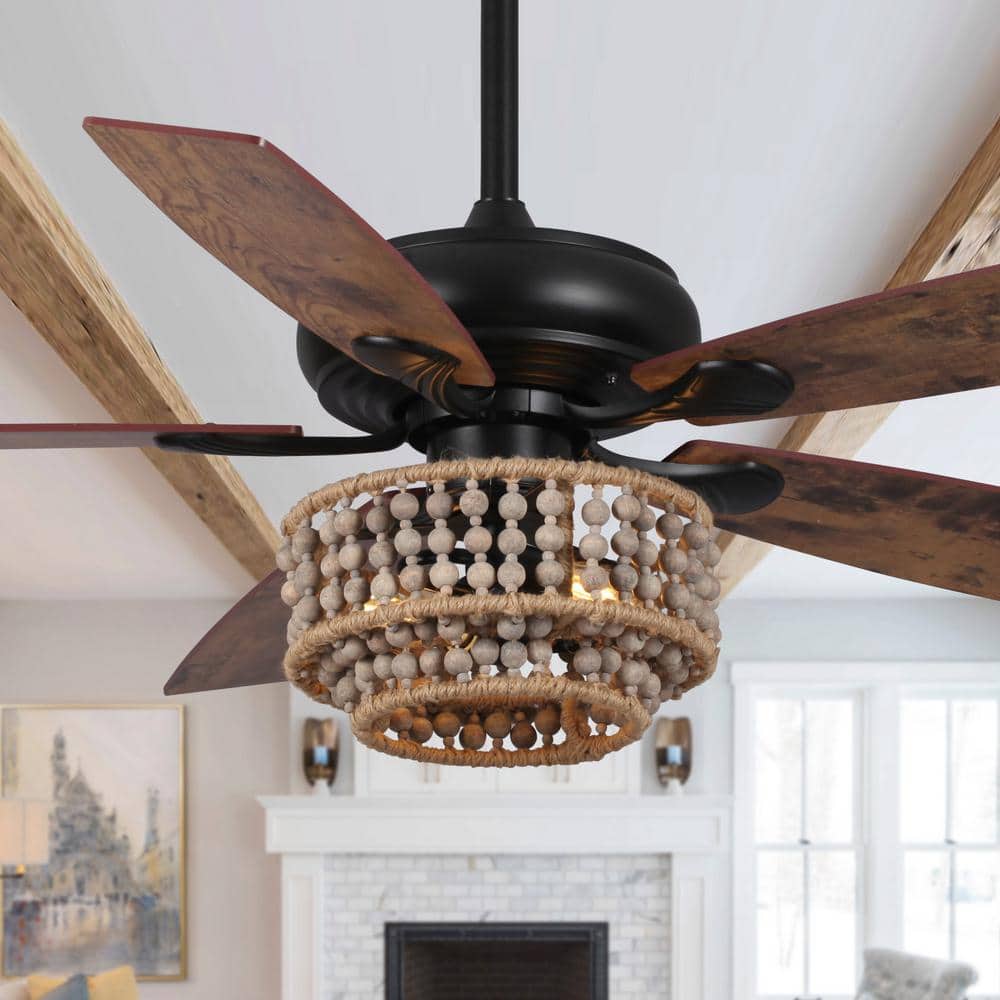Parrot Uncle 52 in. Indoor Farmhouse Wood Beads Matte Black Ceiling Fan ...