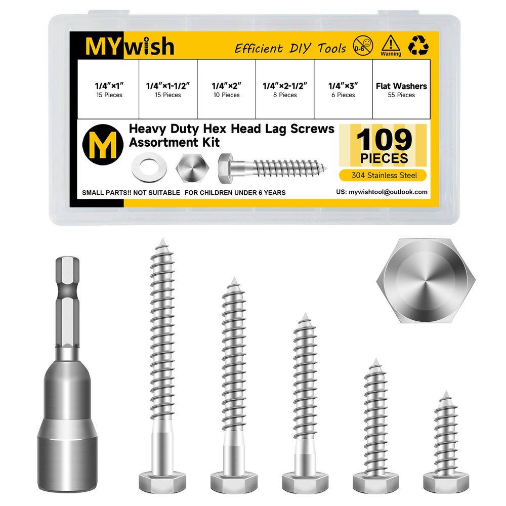 MYWISH 1/4 in. Hex Head Lag Screw Kit (109-Piece), 304-Stainless Steel ...