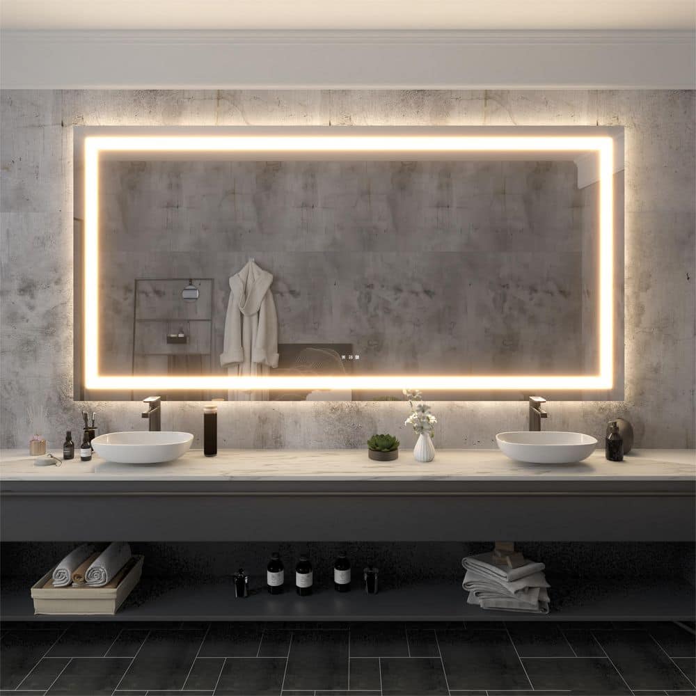 ONWITH 96 in. W x 48 in. H Rectangular Frameless LED Light Anti-Fog ...