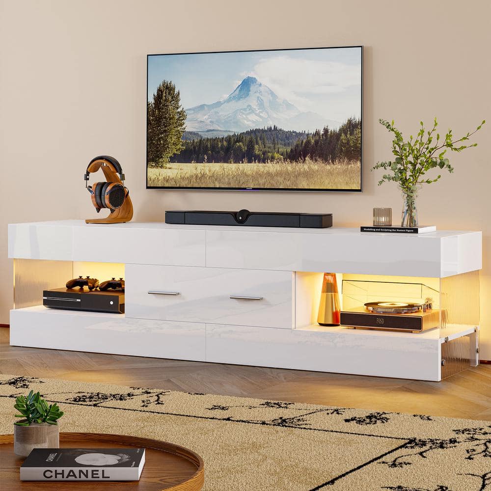 Bestier 60 in. Glossy White Ripple Side TV Stand Fits TV Up to 65 in ...