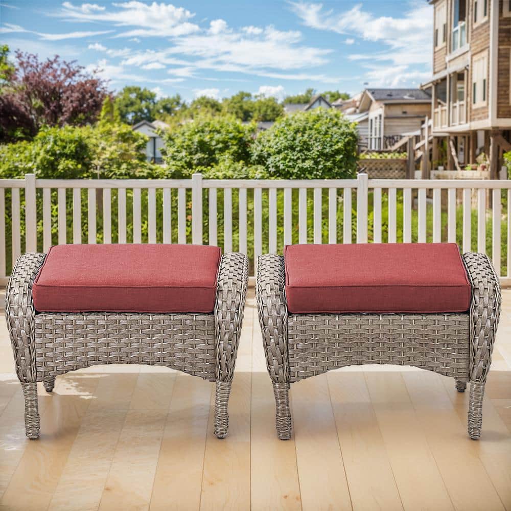 moosprr SleekArm Gray Wicker Outdoor Ottoman with Red Cushions for ...
