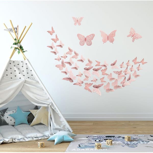 96-Piece 4.7 in. x 4.7 in. Pink 3D Removable Butterfly Wall Decal ...