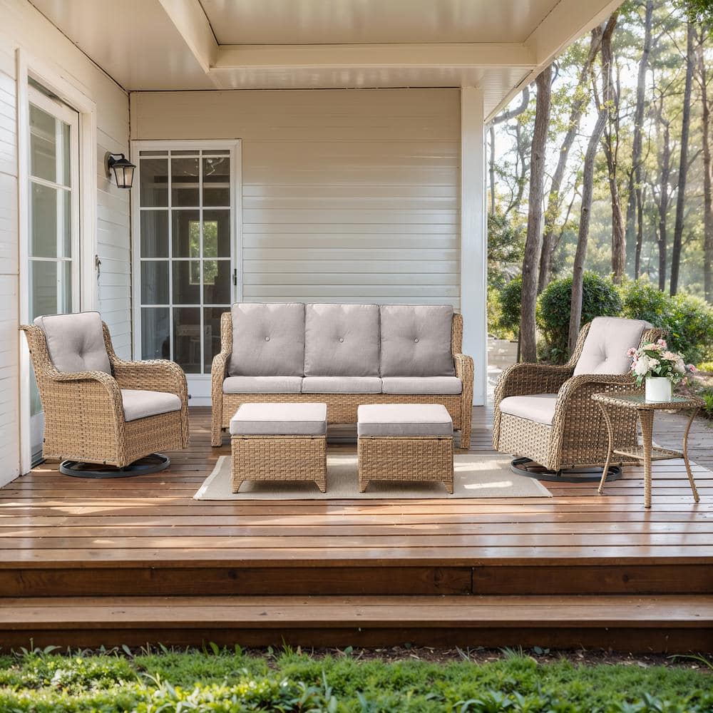 moosprr Arcline 6-Piece Yellow Wicker Patio Conversation Set with Olefin Beige Cushions and ...