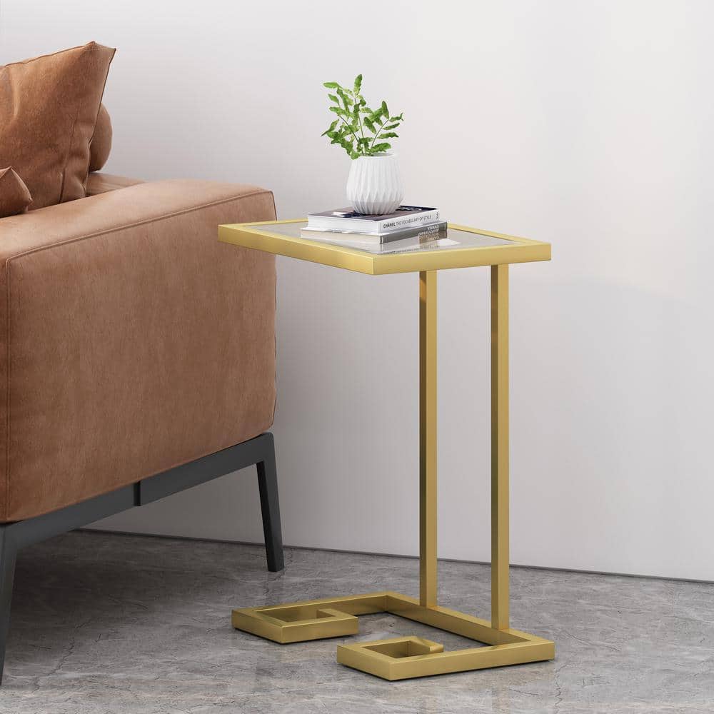 Noble House Hickson 18 in. Gold 24.5 in. C-Shaped Glass End Table 1 ...