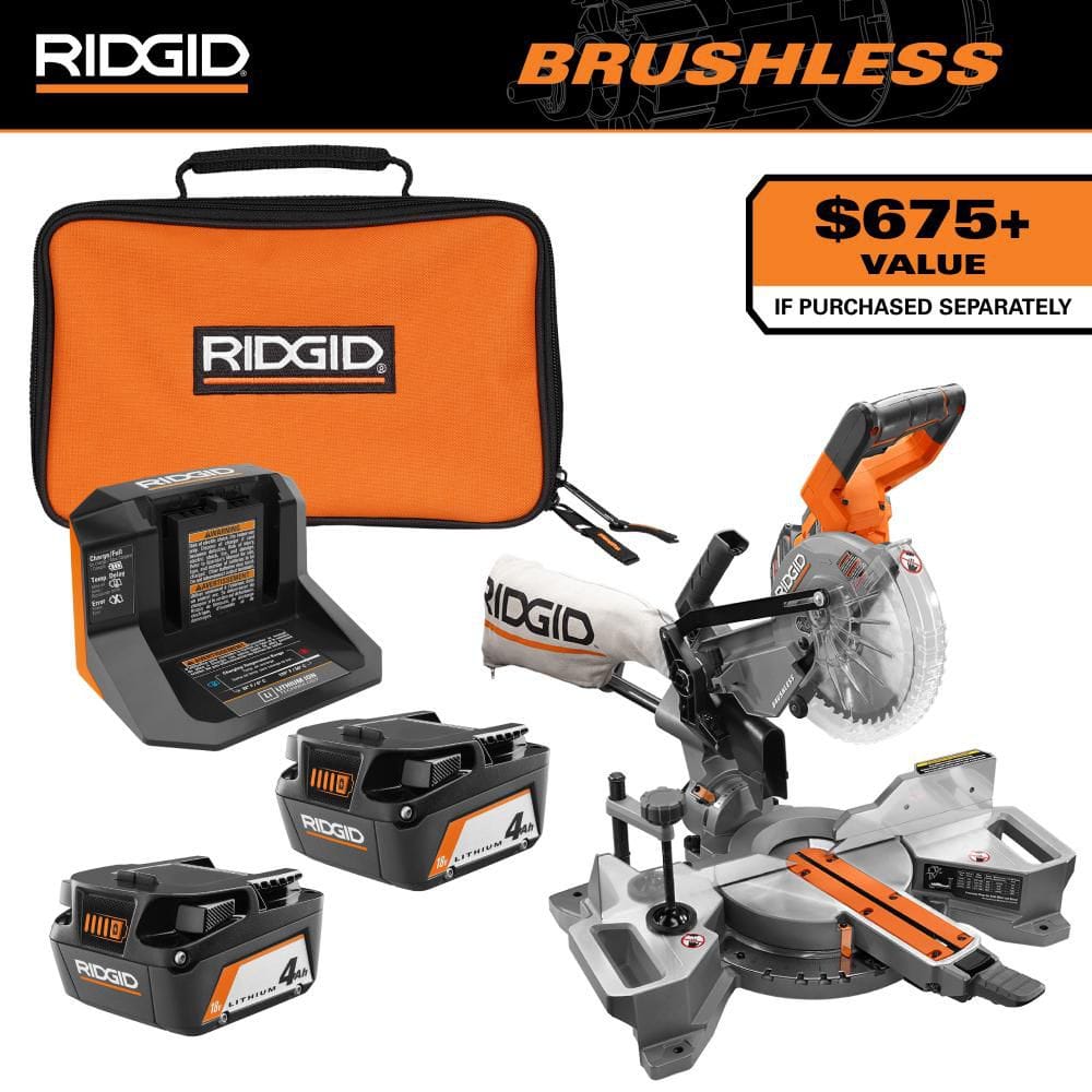 RIDGID 18V (2) 4.0 Ah Batteries and Charger Kit with 18V Brushless ...
