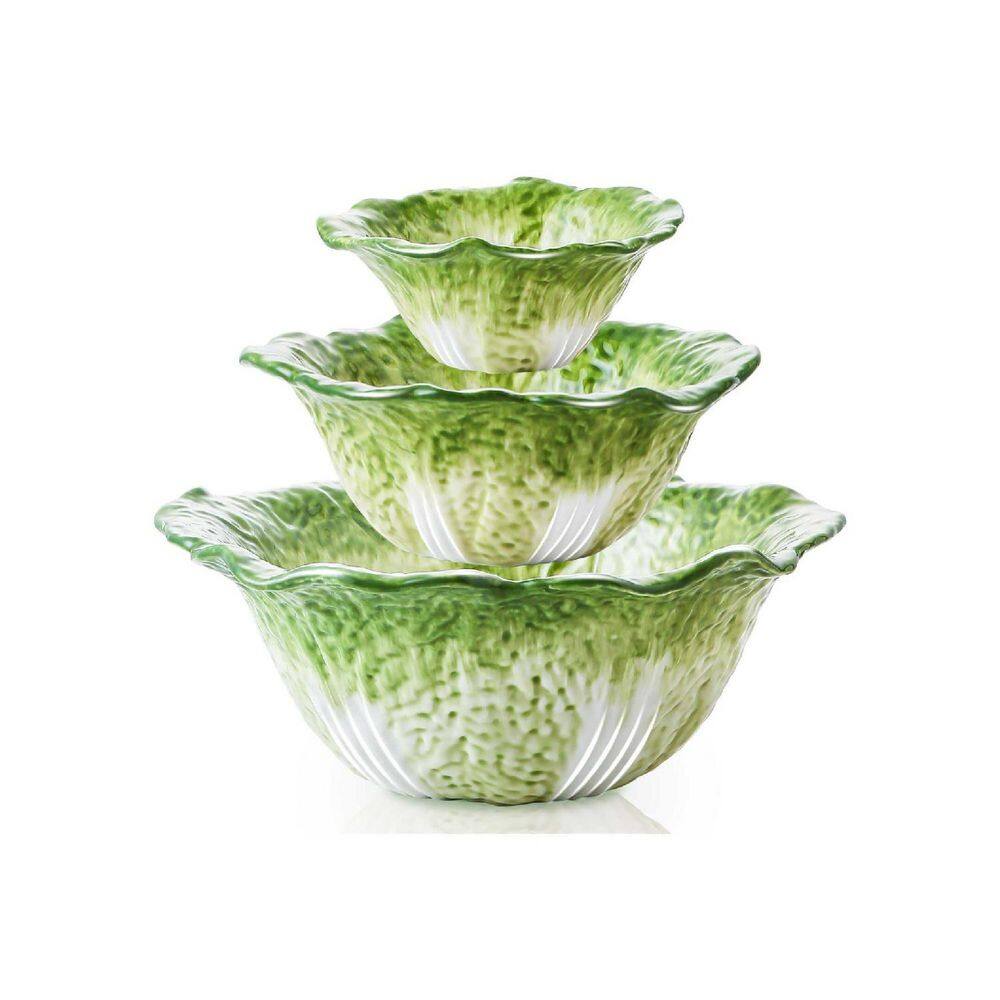 Green Ceramics 10 in. Cabbage Serving Bowl Set of 3 for Kitchen ...