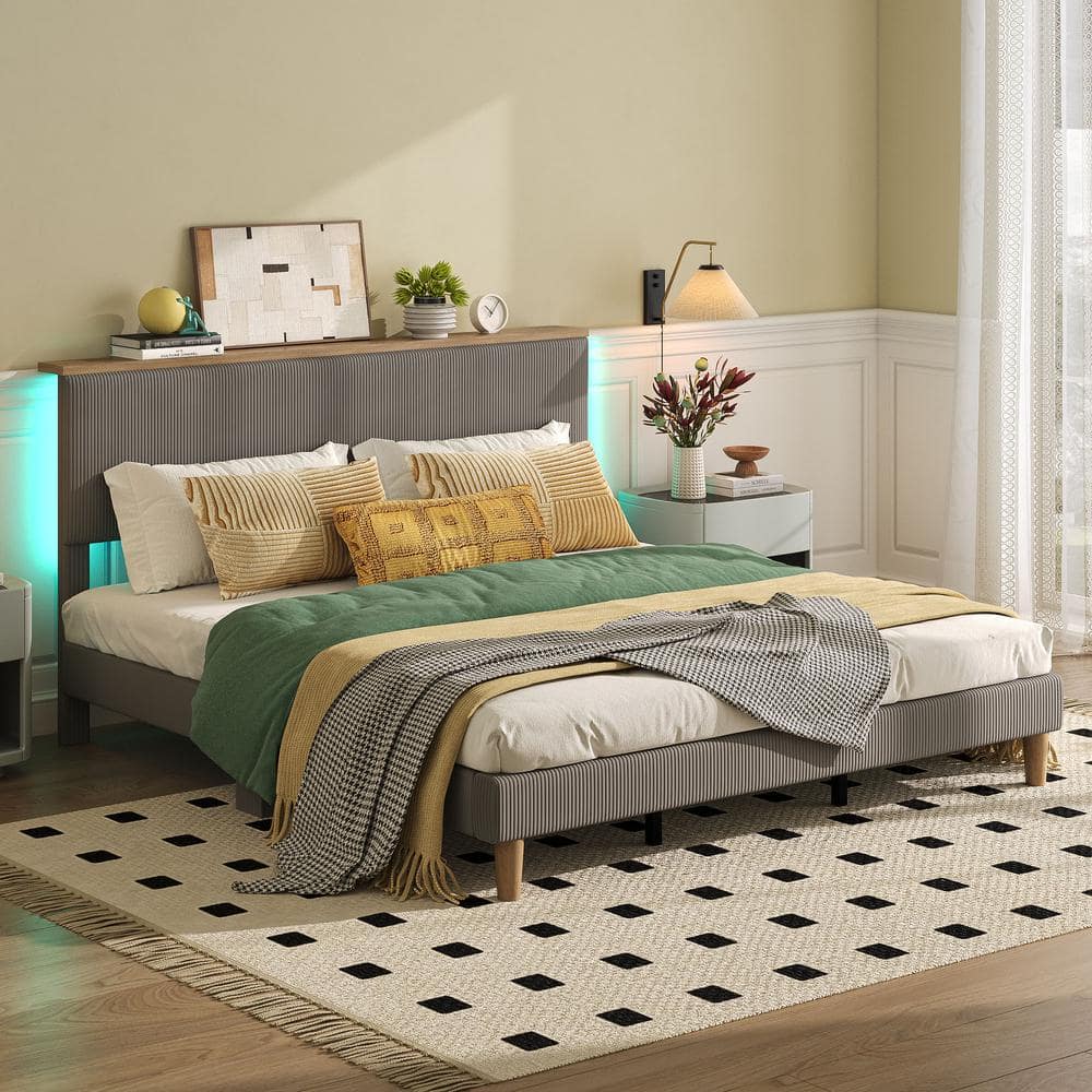 Bestier Gray Wood Frame Full Size Velvet Upholstered Platform Bed Frame ...