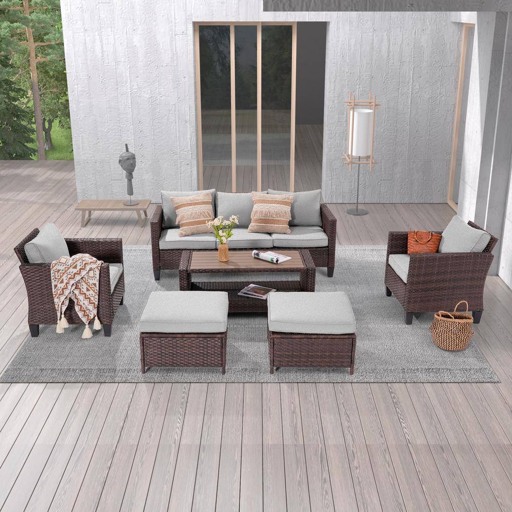 JOYESERY 6-Piece Brown Wicker Outdoor Conversation Seating Sofa Set ...