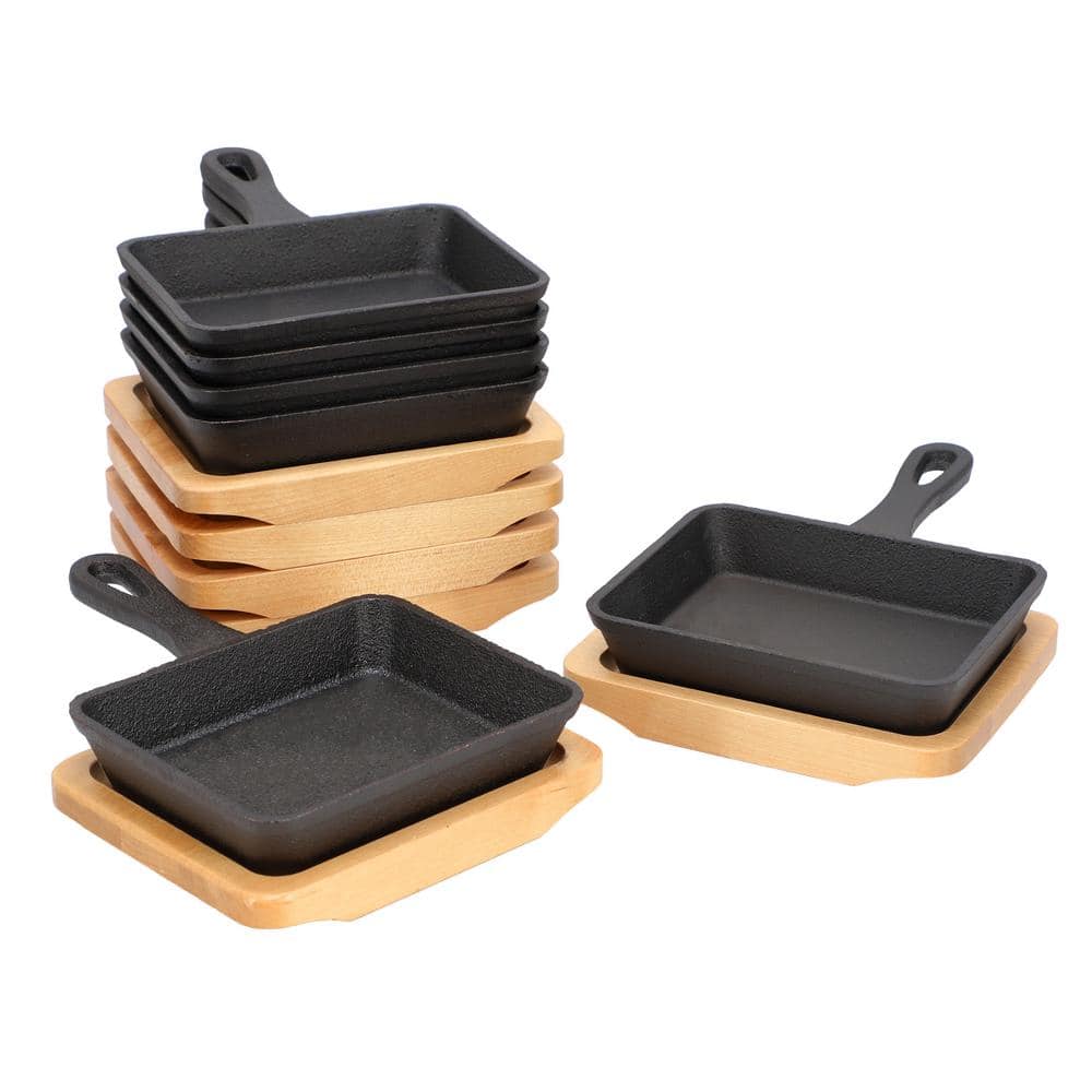 MegaChef 6 Piece 5in. Mini Cast Iron Square Frying Pan with Wood Tray ...