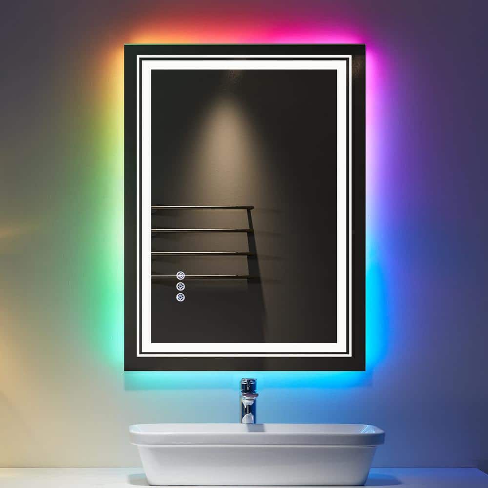 MYCASS RGB 24 in. W x 32 in. H Rectangular Frameless LED Mirror with ...