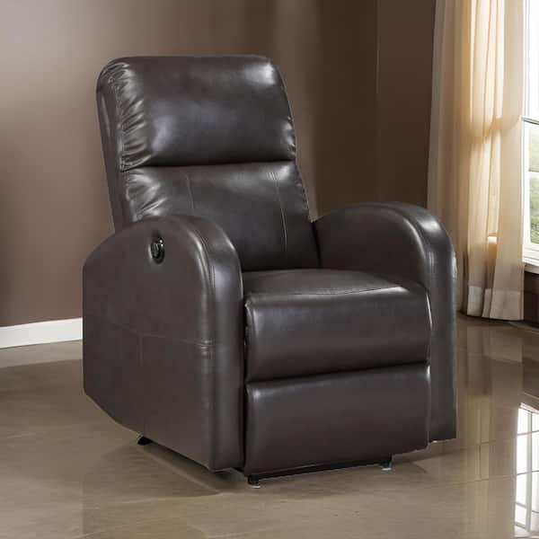 Benjara Plush Brown Faux Leather Power Recliner with Foam Cushions ...