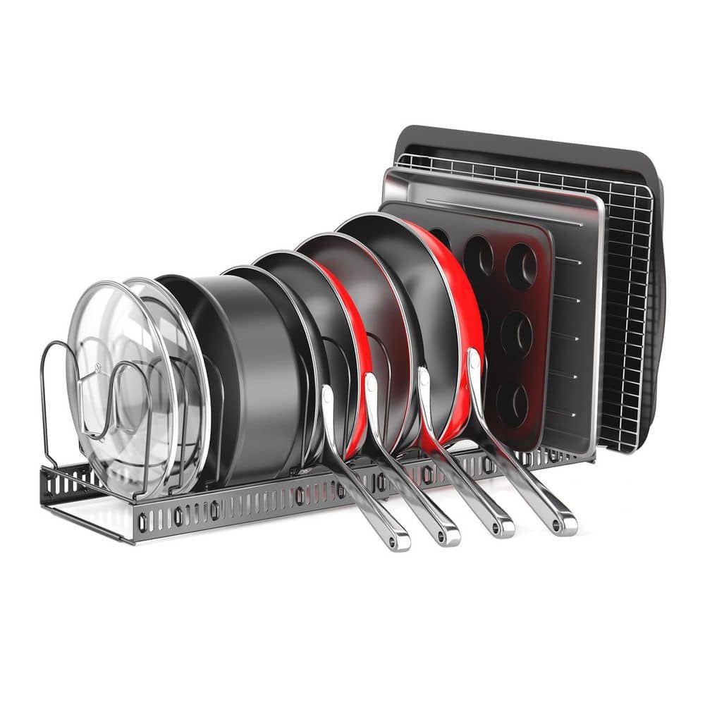Anqtovp Black Adjustable Expandable Pan Organizer Rack 12-Dividers Pot ...