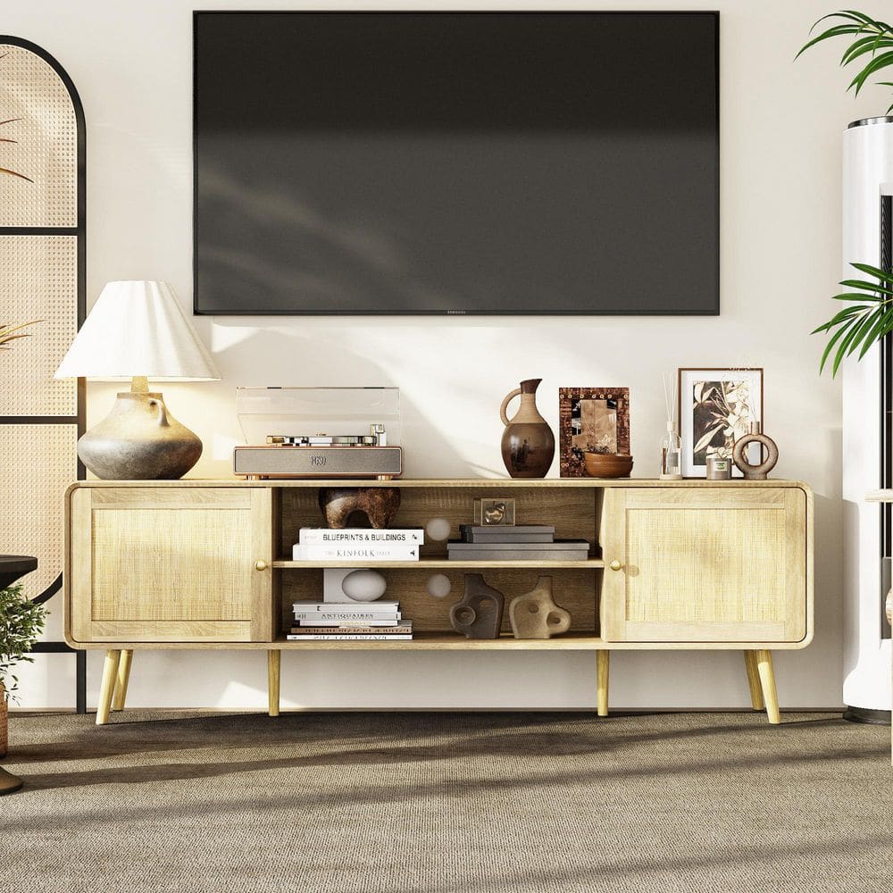 FUFU&GAGA Burly Wood Grain Yellow TV Stand Entertainment Center Fits TV ...