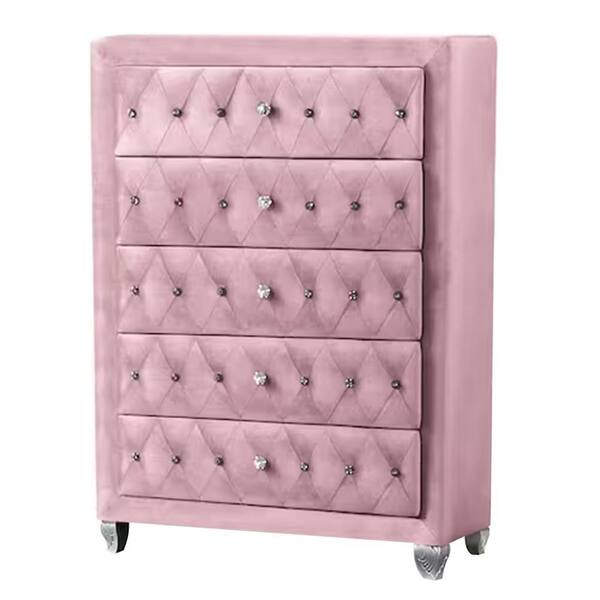 Benjara Pink and Silver 5-Drawers 34.5 in. Chest of Drawers Dresser ...