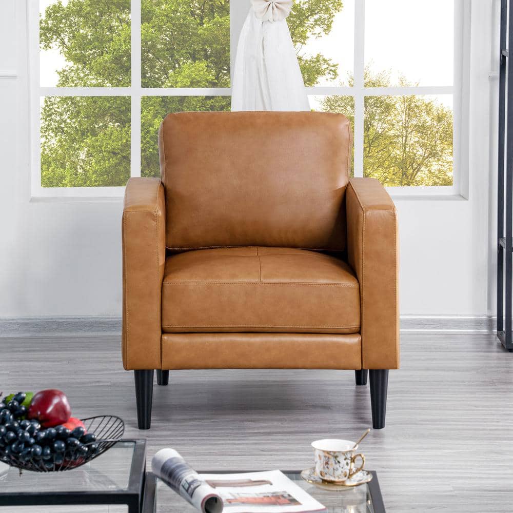 HOMESTOCK Mid-Century Modern Genuine Leather Accent Chair, Tan Armchair ...