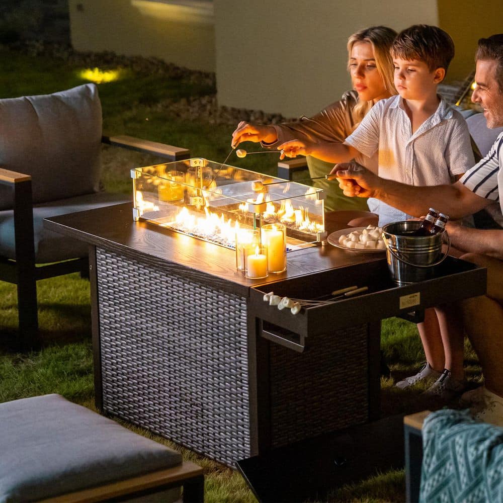 AURA OUTDOOR 52 in. 50,000 BTU Brown Rectangular Wicker Outdoor Fire ...