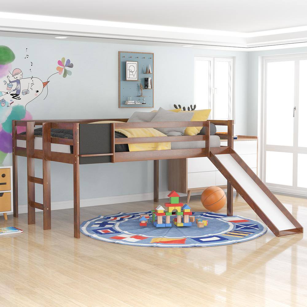 Harper & Bright Designs Walnut Full Size Wood Loft Bed with Slide ...