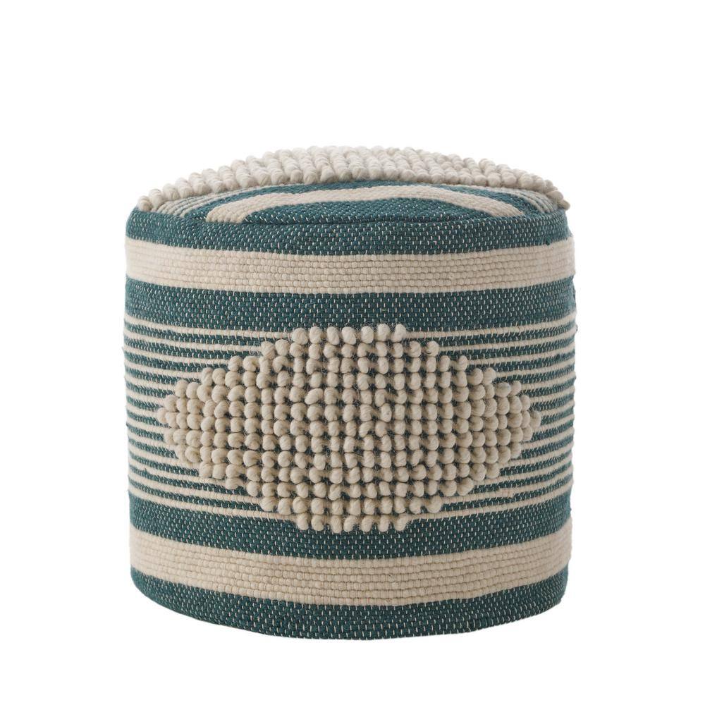 Noble House Volney White and Teal Cylinder Pouf 106675 - The Home Depot