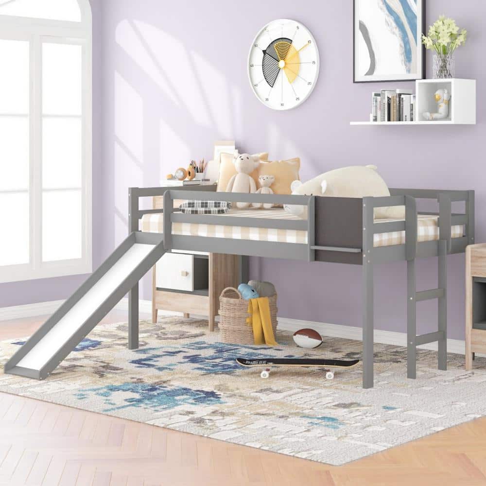 HomeRoots Charlie Gray Twin Loft Bed with Slide 44 in. H x 89 in. W x ...