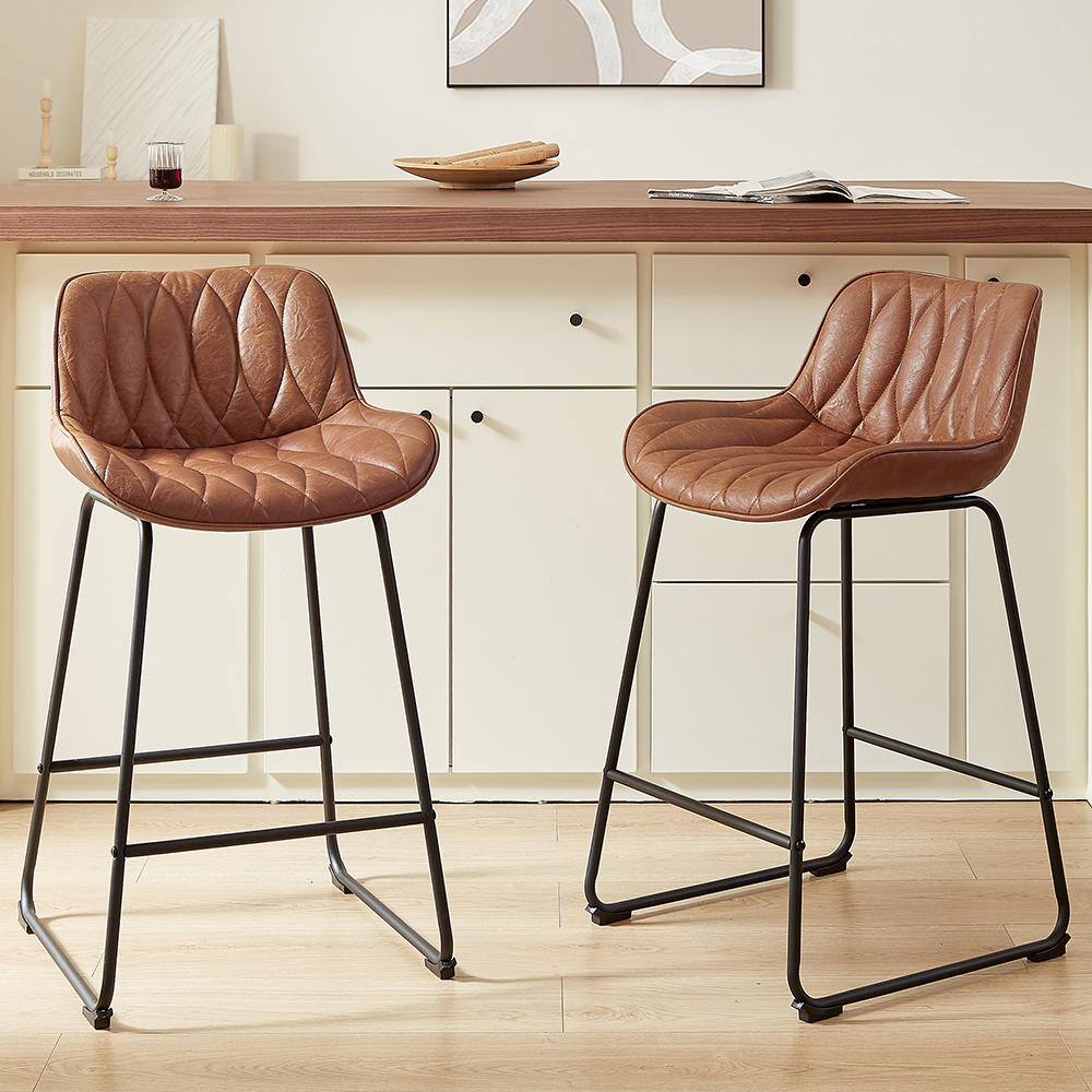 Art Leon Modern 25.99 in Seat Height Brown Faux Leather Counter Stools ...