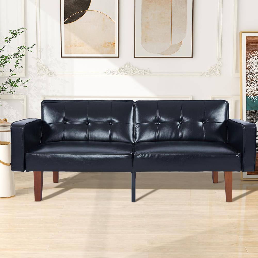 WONDER COMFORT 68 in. Black Smooth PU Lether Twin Size Convertible Sofa ...