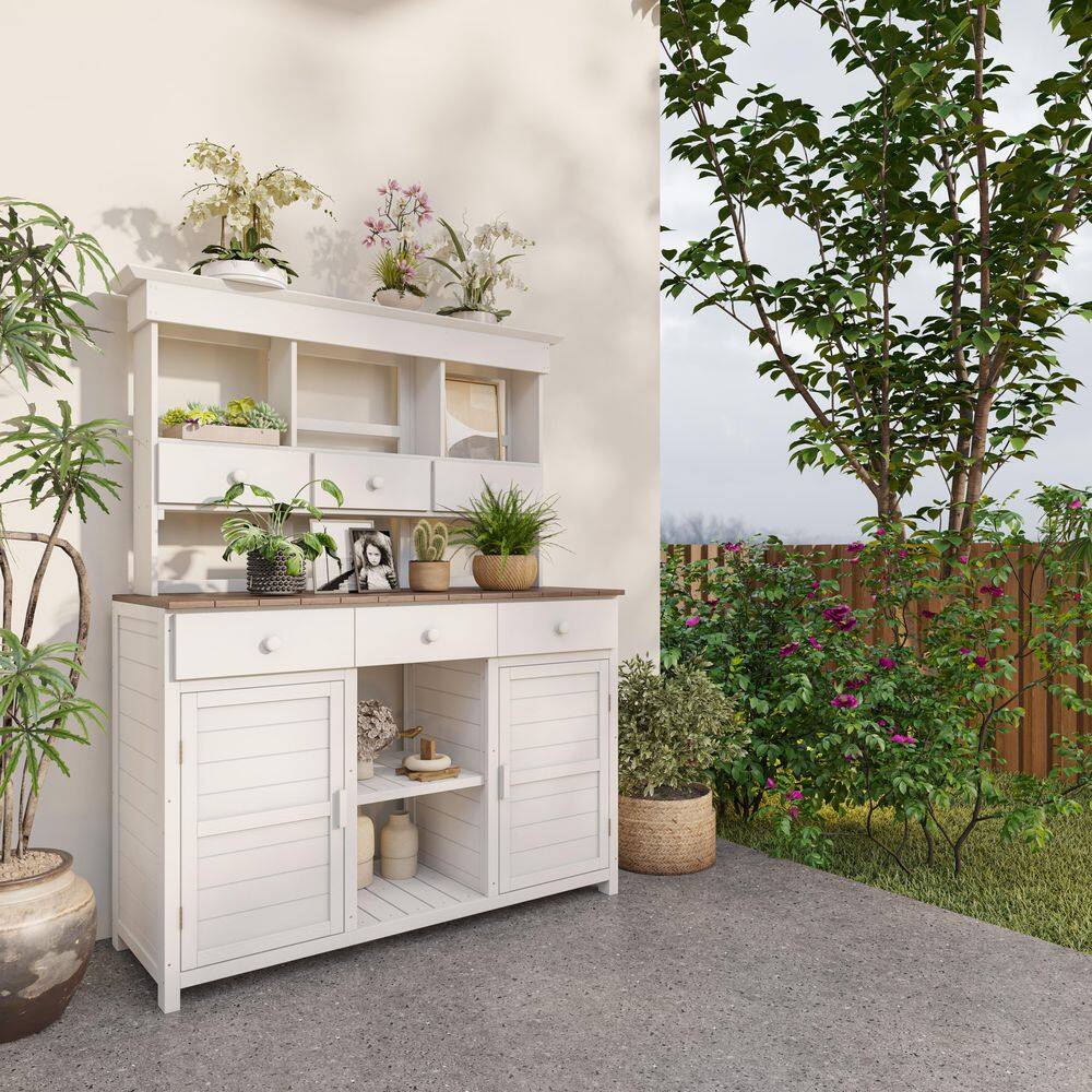 HomeAura 50 in. W x 65.7 in. H White Potting Bench Table with Hutch ...