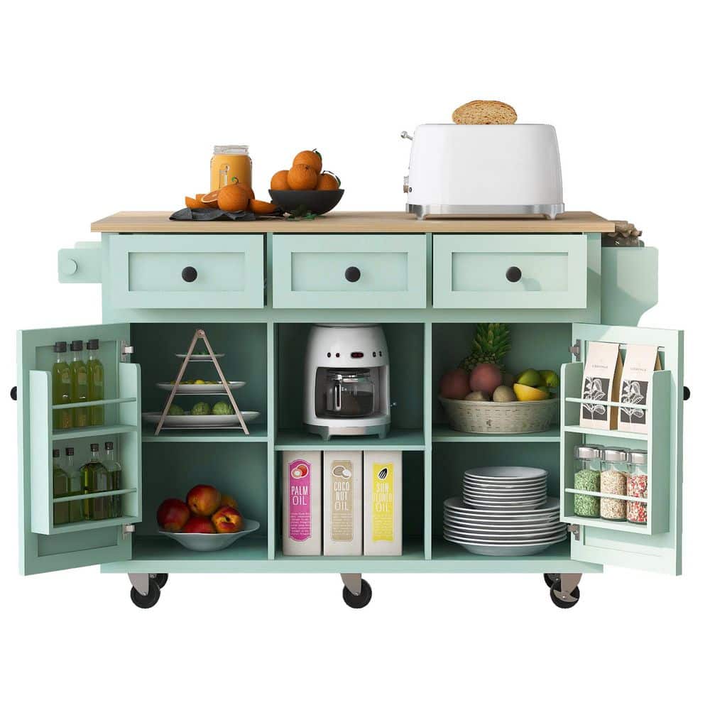 Mint Green Kitchen Cart with Rubber Wood Drop-Leaf Countertop MAXI08-MG ...