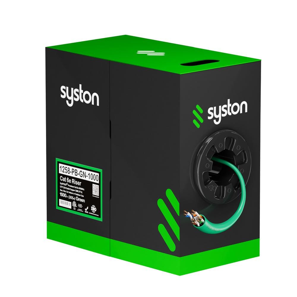 Syston Cable Technology 1000 ft. Green CMR Cat 6e 600 MHz 23 AWG Solid ...