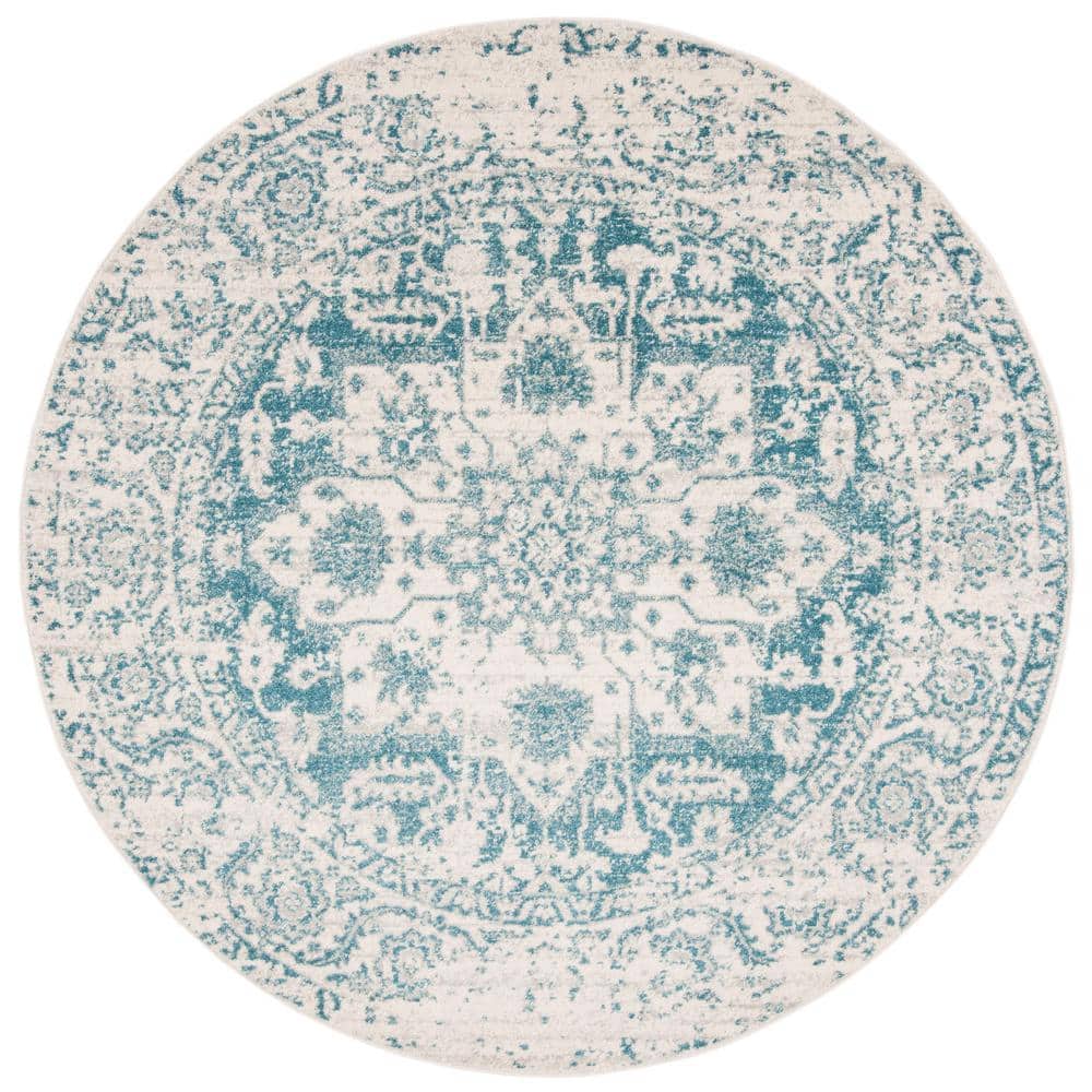 SAFAVIEH Madison Teal/Ivory 5 ft. x 5 ft. Distressed Border Round Area ...